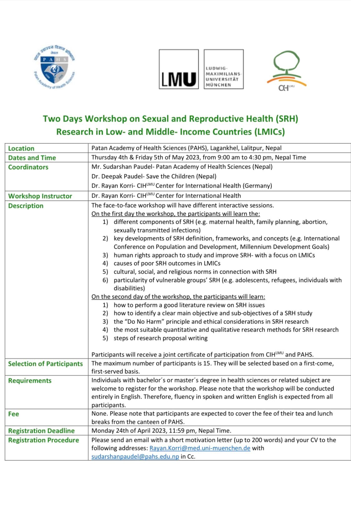 Call for Participants- Workshop on SRH Research in LMICs